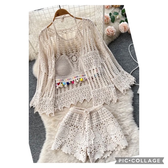 Other | Nw 3 Pieces Knitted Embroidered Set Cardigan Bra Shorts Beach ...